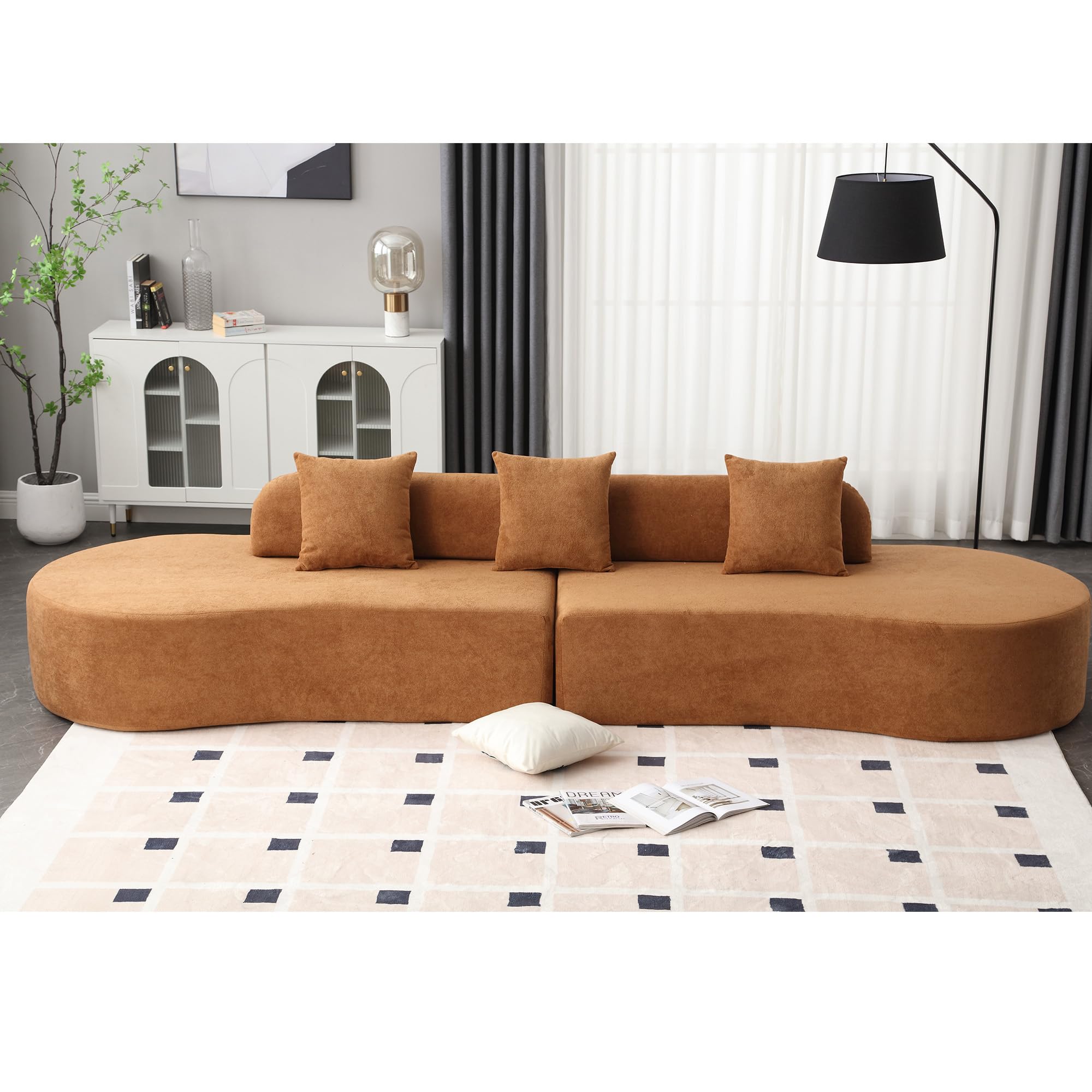Taiweny 130.5β Large Curved Couch, Modern Funky Comfy Cloud Sectional Sofa with 3 Pillows for Living Room Apartment Office, No Assembly Required, Terrycloth Fabric, Brown