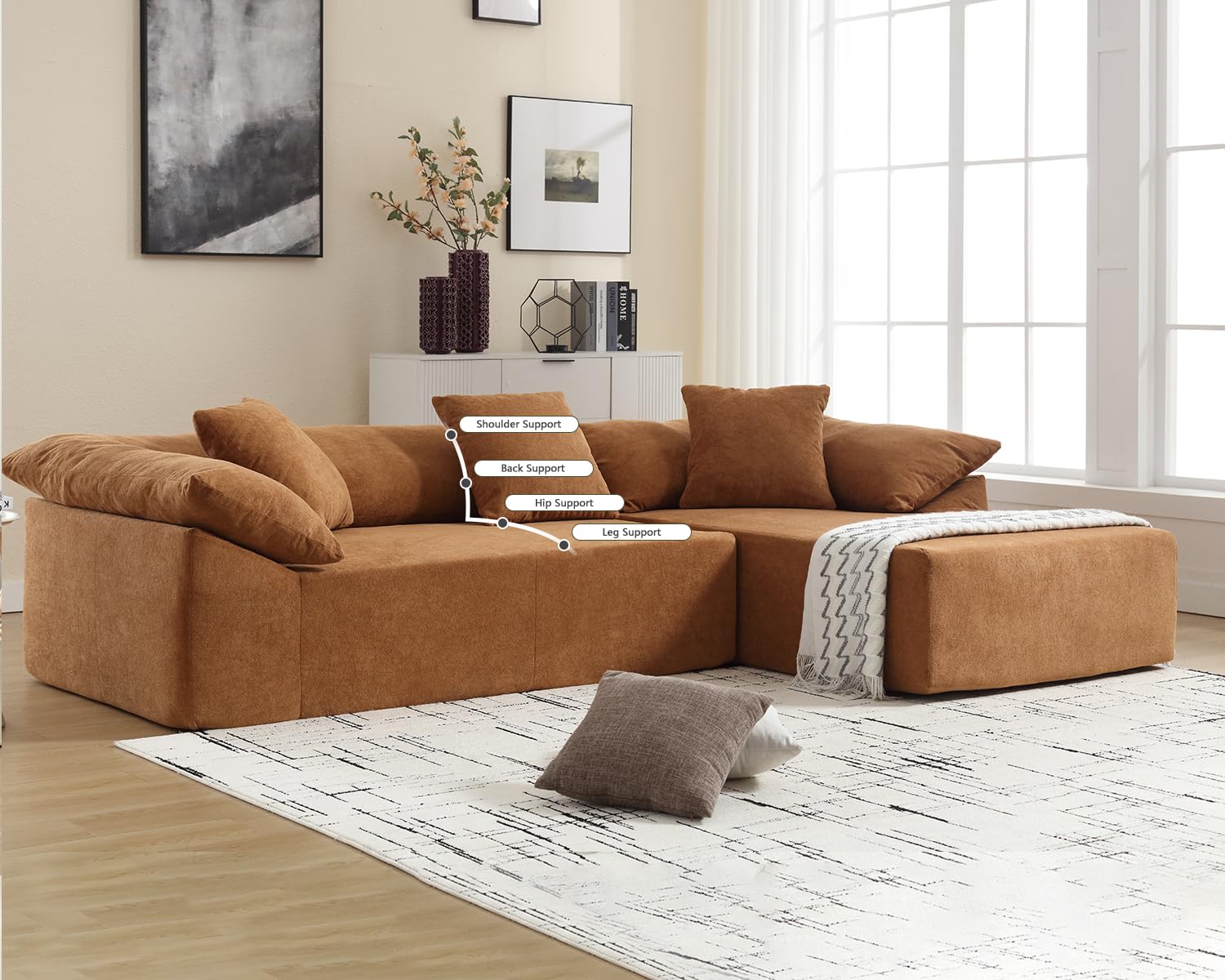 Taiweny Cashmere L Shaped Sofa Modern Floor Combination Sofa, 129.92" L-Shape Modern Upholstered Couch with Chaise Lounge, 3 Pillows, Modular Sectional Sofa with Cloud Deep Seat for Living Room Brown