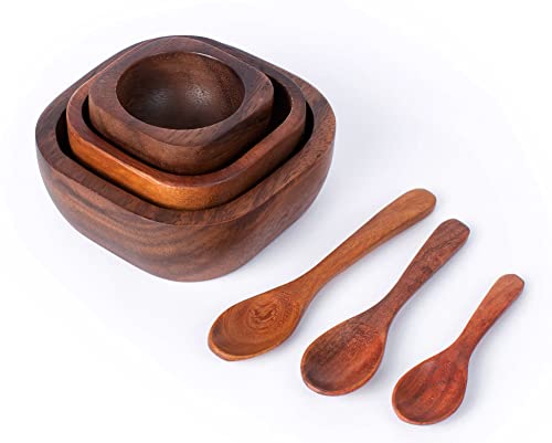 Tiny Acacia Wood Nesting Square Set 3 Serving Bowl 3¾”, 2¾”, 2⅛” Small 3 Wooden Spoon Mix size Stackable little Dish for Prep Salt Pepper Mustard Wasabi Dip sauce Salsa Nut Tableware Wooden Nest Bowl