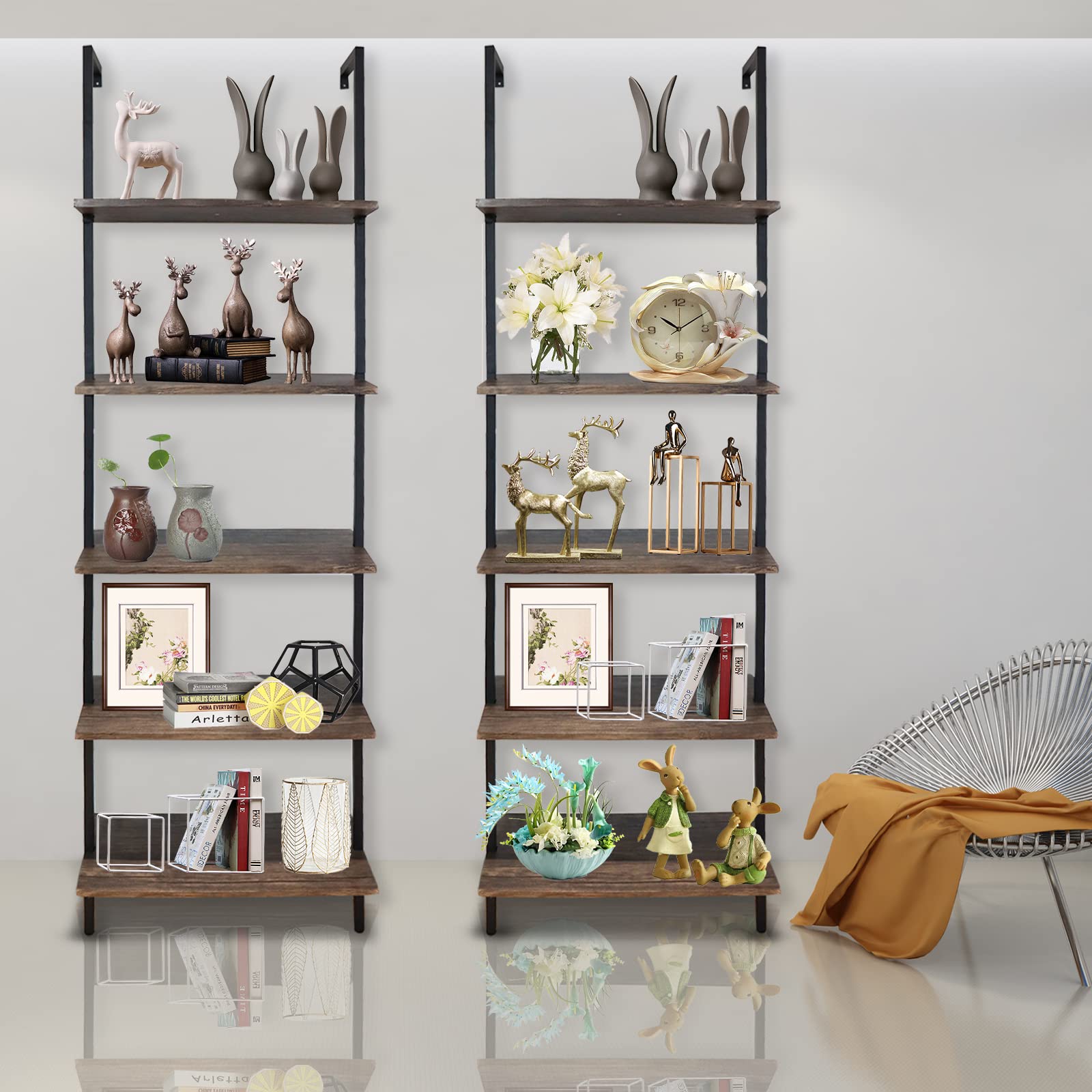 Wolawu 5 Tiers Ladder Shelf 2-Piece Black Modern Tall Bookshelf Open Large Tall Wall Mount Storage Bookcase Standing Leaning Wall Shelves Industrial Decorative