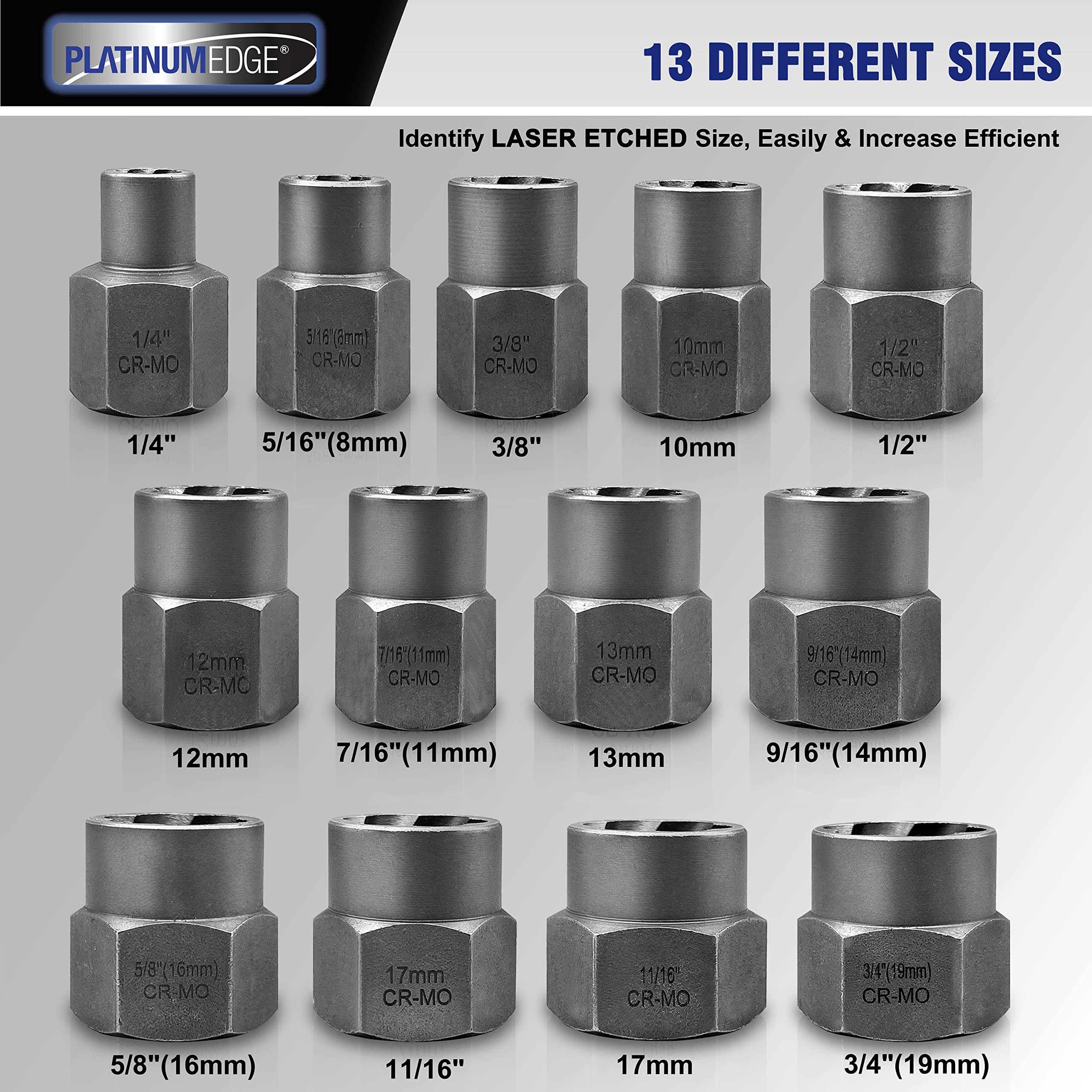 PLATINUMEDGE Bolt Extractor Tool Set, 13 Pieces Impact Bolt & Nut Remover Set, Stripped Lug Nut Remover, Extraction Socket Set for Easy Out Rusted Rounded Damaged Nuts Sockets and Bolts, Cr-Mo