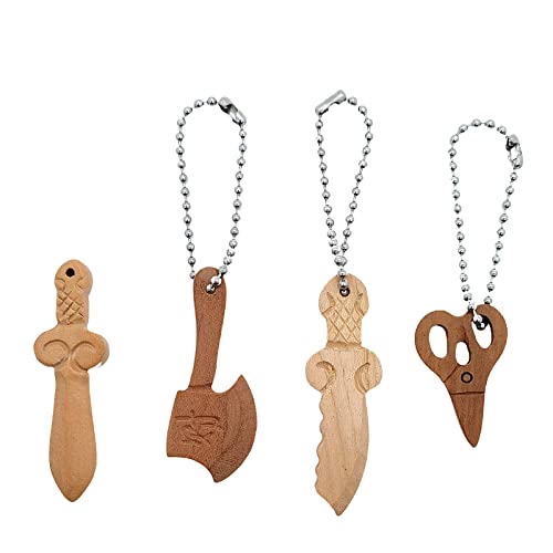 Nwsrayu Wooden Pocket Knife Set Keychain for Men Mini Axes Sword Scissors Set for Package Opener Box Cutter Handmade Craft for Collection, Knife Lover Gift