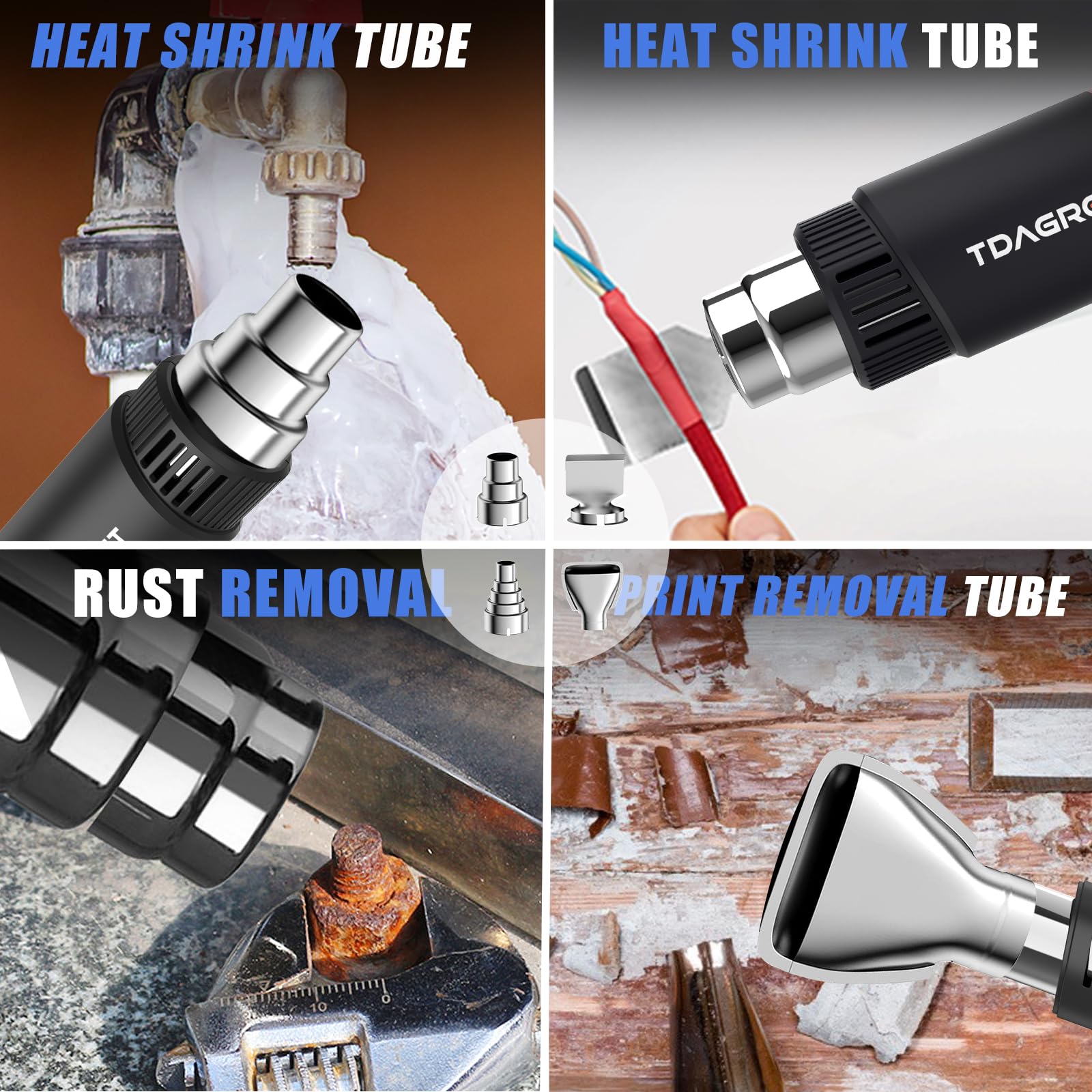 TDAGRO Heat Gun for crafting 1800W, 122℉~1202℉ Variable Temperature Control with 2-Temp Settings 4 Nozzles, 1.5s Fast Heating Blue Heat Gun for Resin, Shrink PVC Tubing/Wrapping/Crafts and Vinyl Wrap