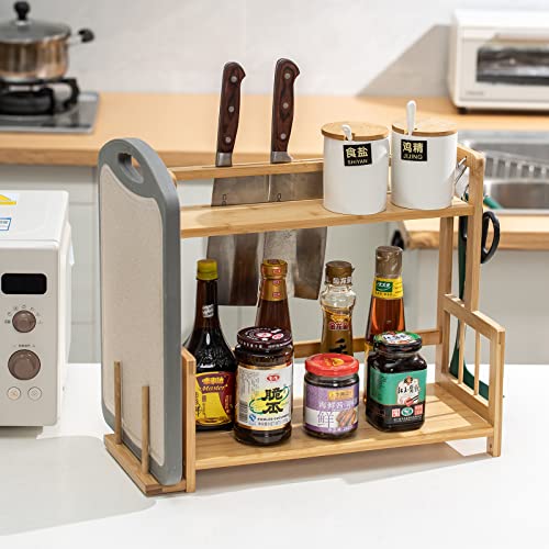 SHUOXIANG Kitchen Spice Racks, Bamboo Countertop Storage Organizer Jars Bottle Sauce Seasoning Rack Holder, 2 Tier Standing Step Shelf, Includes Knife, Cutlery, Chopping Board Storage, plus 2 Hooks