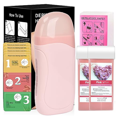 Waxing Kit, Roll on Wax Warmer Kit for Women & Men Sensitive Skin, Include 2 Rose Wax Cartridge, 100 Wax Strips, 10 Wipes