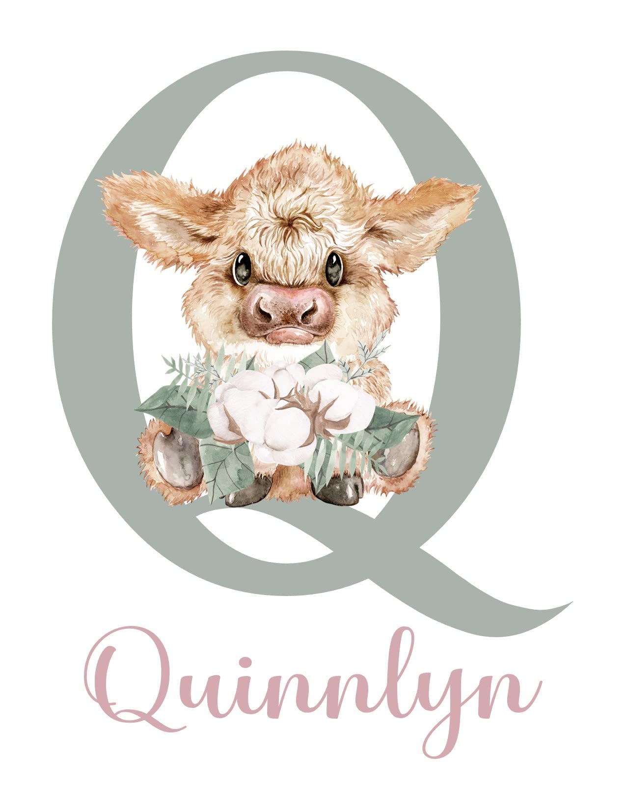 Personalized Watercolor Highland Cow Sage Green and Dusty Rose Rustic Cotton Farmhouse Baby Nursery Unframed Print