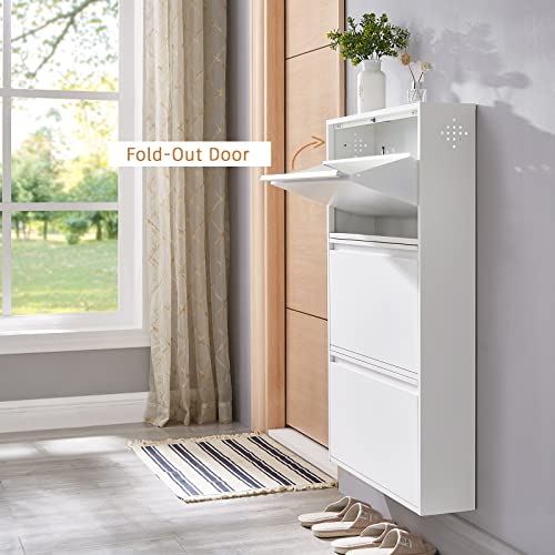 SPACEROCK 3 Drawers Shoe Storage Cabinet Wall Mounted & No-Assembly 25“ Metal Shoe Cabinet for Entryway, Hallway, and Corridor, Holds 12 Pair Shoes, White