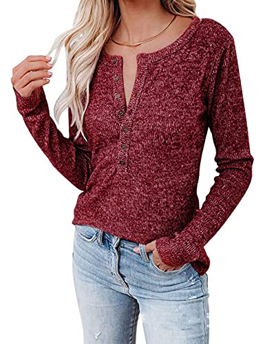 Women's Long Sleeve Henley Tops Pullover V Neck Button Loose Casual T Shirts (Small, Red Wine)