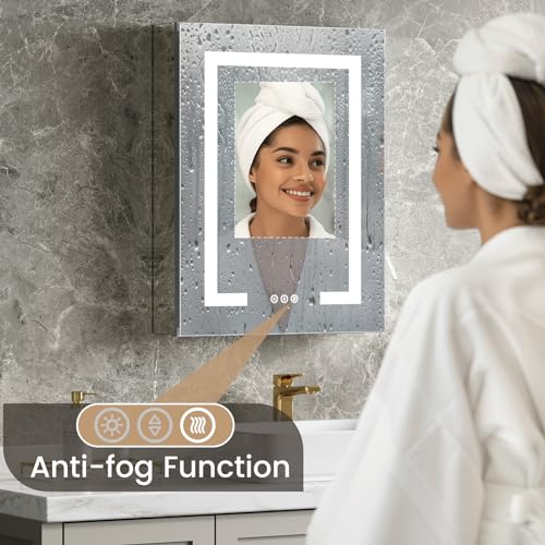 ROOMTEC LED Lighted Medicine Cabinet with Mirror 20"*26",Bathroom Mirror Cabinet with Lights, Outlet and USB, Recessed or Wall Mounted, Adjustable Shelf, 3-Color, Dimmer, Anti-Fog