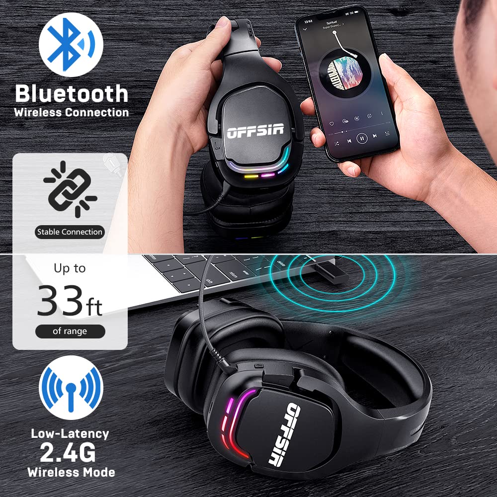 OFFSIR Wireless Gaming Headset with Noise Cancelling Microphone for PC PS5 PS4,Bluetooth Gaming Headset Surround Sound 2.4G USB Gamer Headphones with Mic RGB Lights for PlayStation Mac Computer Laptop