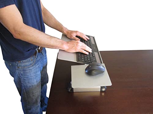 WorkEZ Keyboard and Mouse Tray ergonomic on-desk riser adjustable height angle negative tilt Raise computer keyboards to Standing sit stand-up standing accessories lift silver