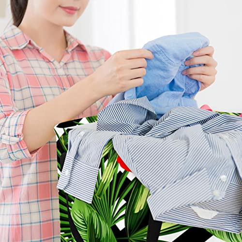 Red Hibiscus with Leaves in Striped Print Collapsible Laundry Hamper, 60L Waterproof Laundry Baskets Washing Bin Clothes Toys Storage for Dorm Bathroom Bedroom