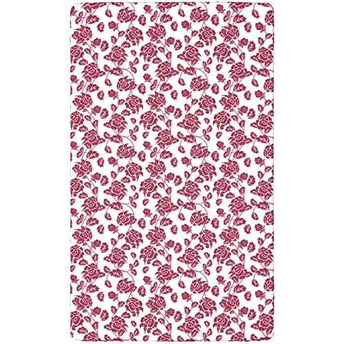 Rose Themed Fitted Mini Crib Sheets,Portable Mini Crib Sheets Ultra Soft Material-Crib Mattress Sheet or Toddler Bed Sheet,24“ x38“,Pale Maroon White
