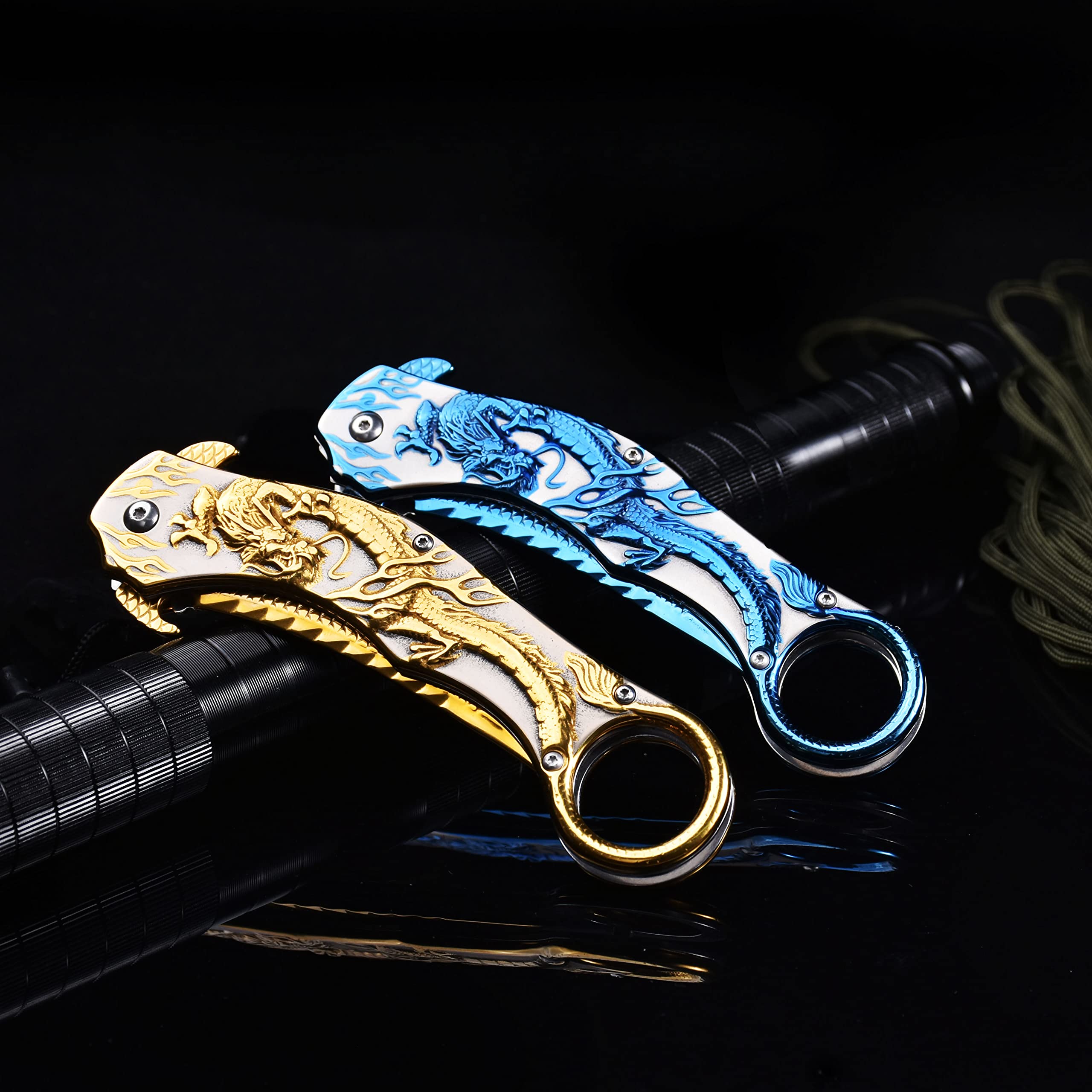 Pocket Knife for Men, Cool Folding Knife With 3D Golden Dragon Relief, Great Gift Edc Knife For Men Outdoor Survival Camping Hiking Hunting