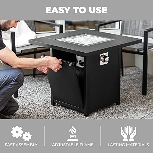 Outland Living Main Street 430 Model Square Fire Pit Table for Outside Patio β 28" Compact Outdoor Propane Gas Fire Table, Black β with Glass Rocks Set, Pre-attached 1m Hose and Regulator