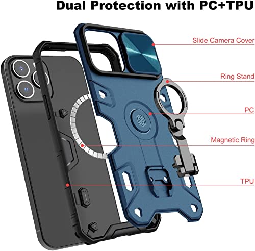 Wefor Case for iPhone 14 Pro Max Case with Stand, Slide Camera Cover, Military Grade Shockproof Portective Case Compatible with MagSafe Wireless Charger&Magnetic Car Mount Holder (Blue)
