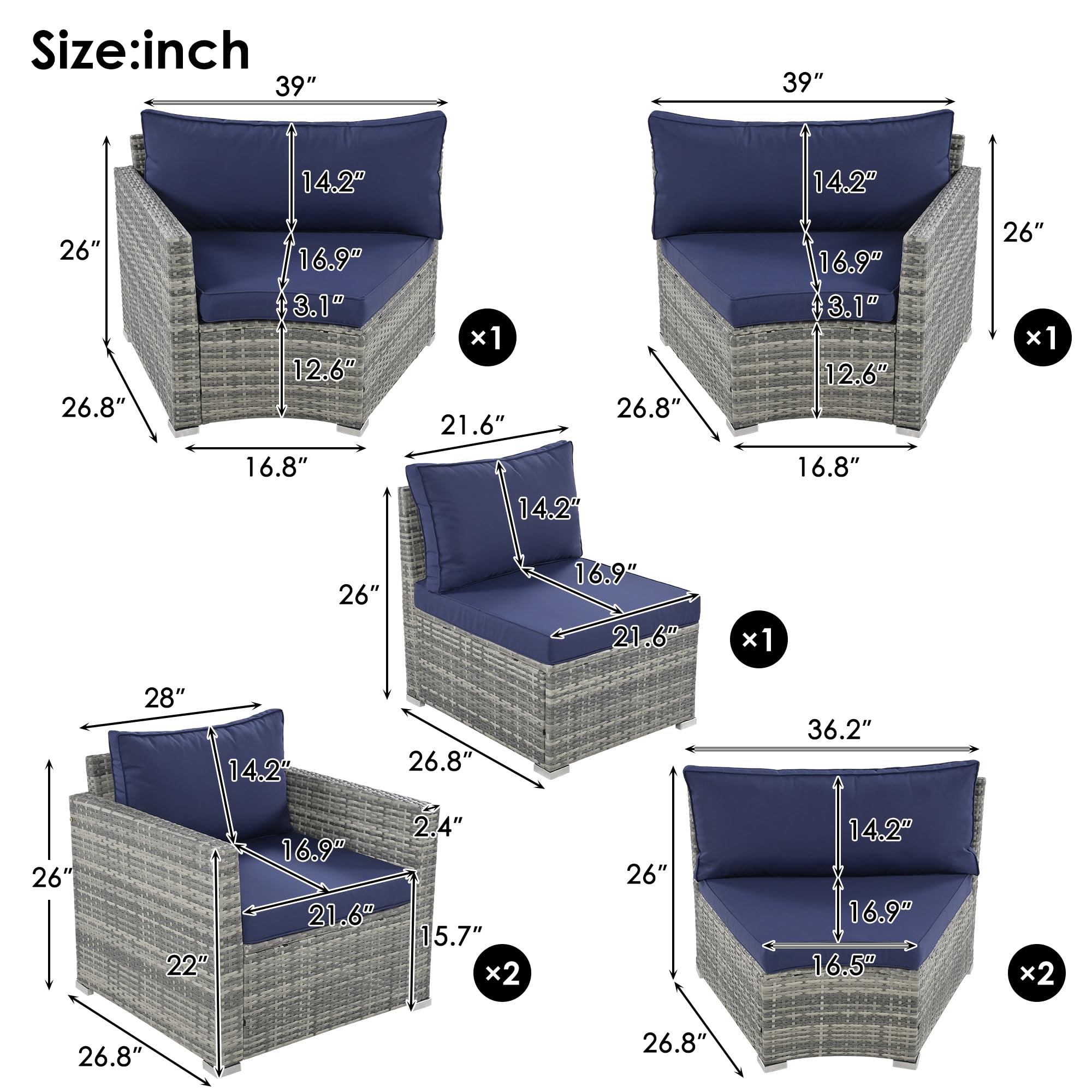 YSWH 9-Piece Outdoor Patio Half Moon Furniture Set, Free Combination Sofa Set Sectional Conversation Set, Rattan Wicker Half Moon Sofa Set with Free Overlapping Round Table