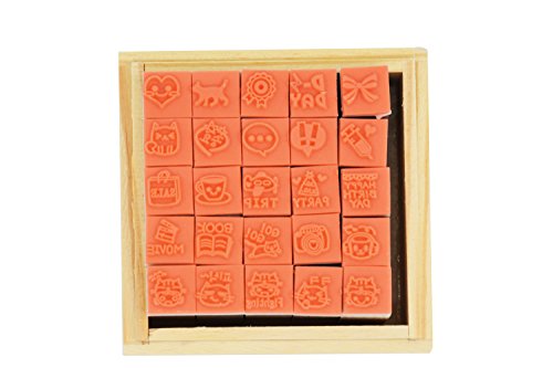 Wooden Rubber Stamps,Youkwer 25 Pcs Mini Cute DIY Diary Stamps Set with Wooden Box (Happy Life,Set of 25)