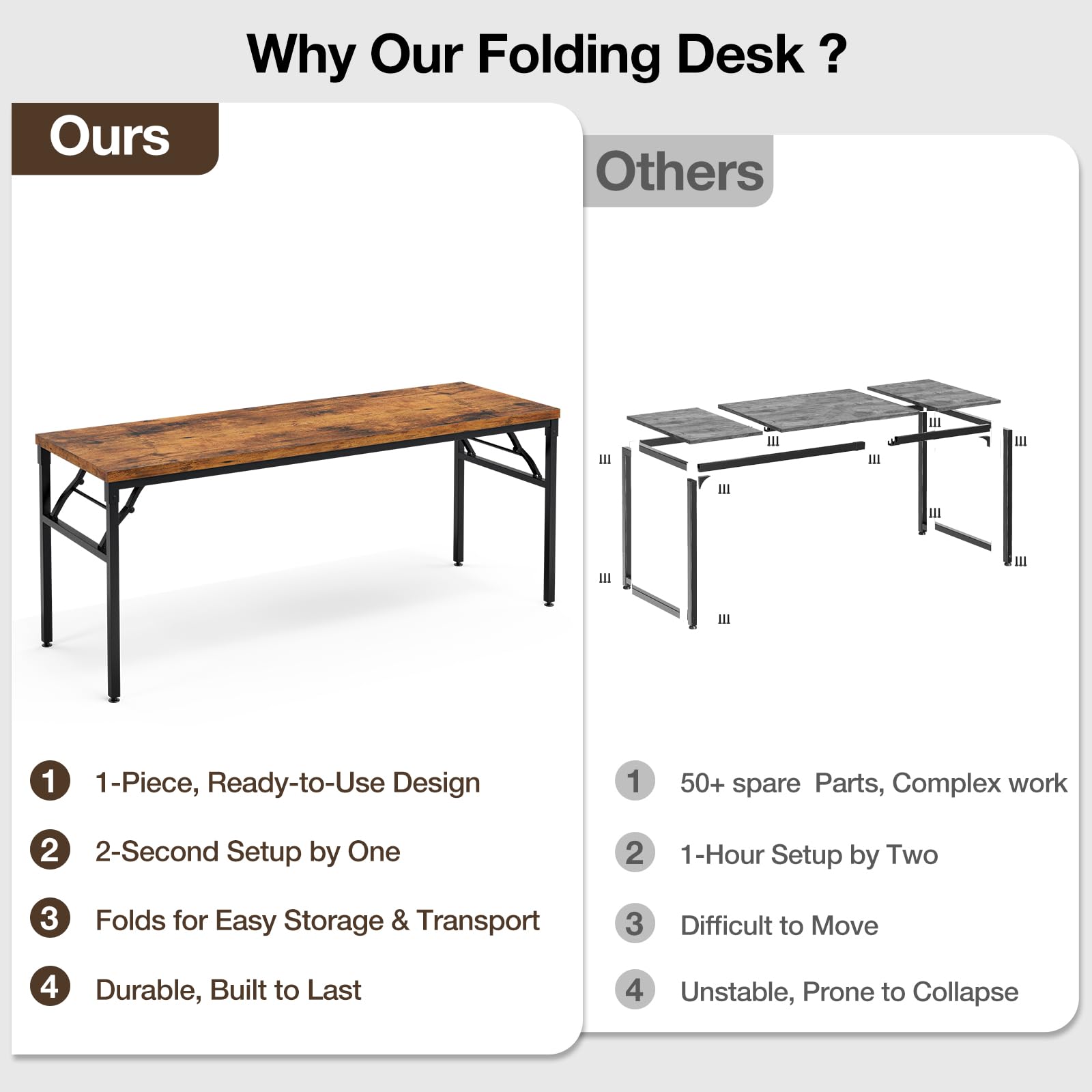 TEMI Modern Computer Desk 63 inch Large Desk – Seamless Wood Top for Home and Office – No Assembly Executive Desk, Gaming Desk, or Work Table – Sturdy Home Office Long Desk, Writing Desk, Brown