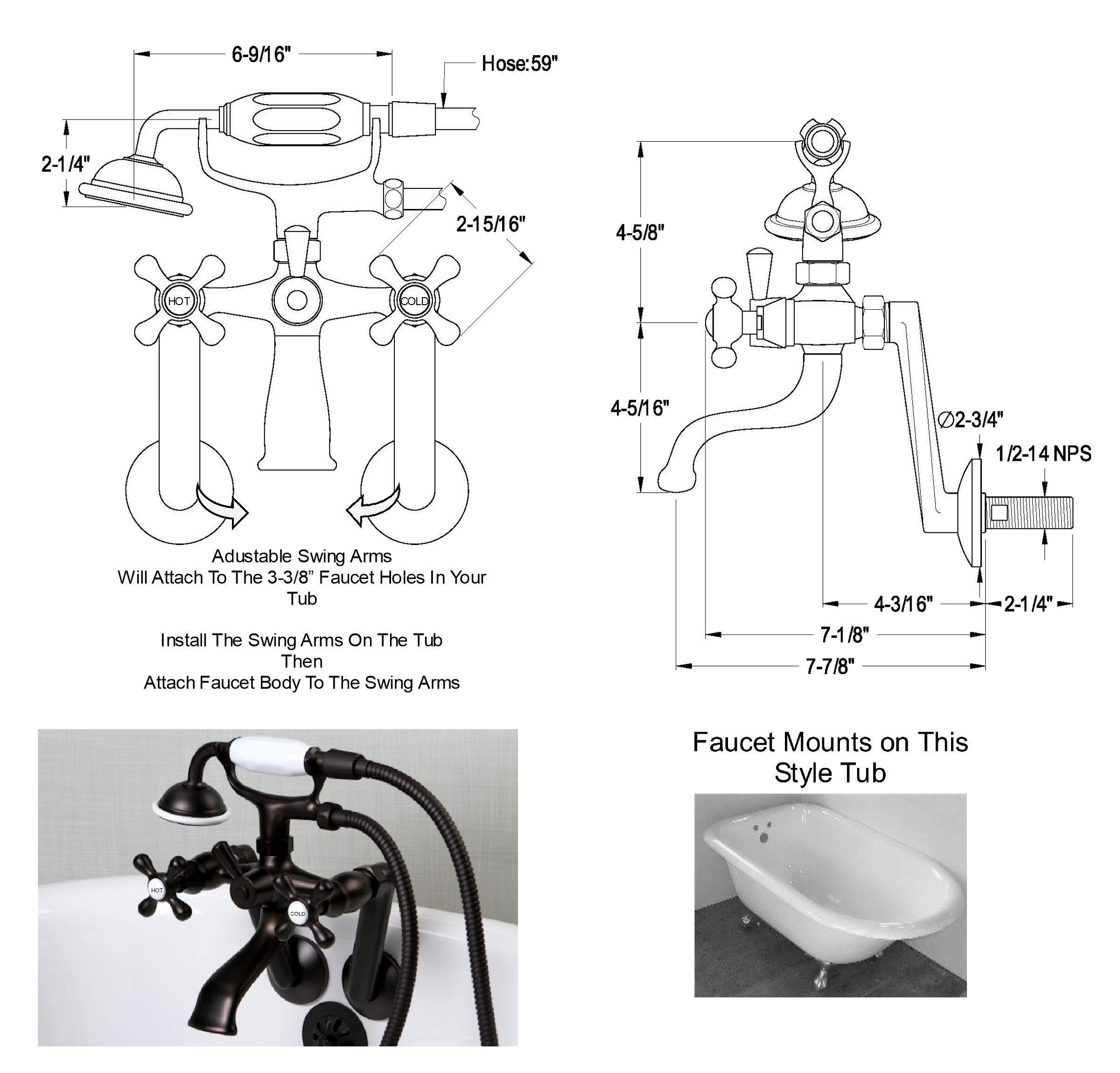 Oil Rubbed Bronze Vintage Wall Mount Clawfoot Tub Filler Kit With Drain, Single Offset Water Suppies, Floor Stops and Connection Fittings - Model KBFP-CCK269ORB-SO