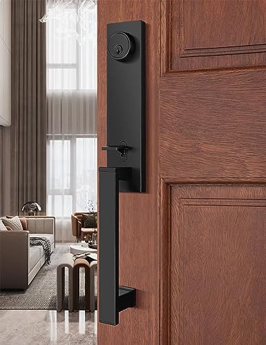 Tinewa Full Escutcheon HandleSet Front Door Entry Handle and Deadbolt Lock Set Slim Square Single Cylinder Deadbolt and Lever Heavy Duty – Matte Black Finish