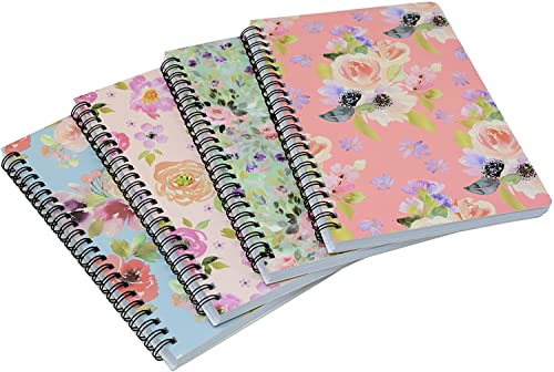 Yansanido Spiral Notebook, 4 Pcs A5 Thick Flower Design Hardcover 8mm Ruled 4 Color 80 Sheets -160 Pages Journals for Study and Notes (flower)