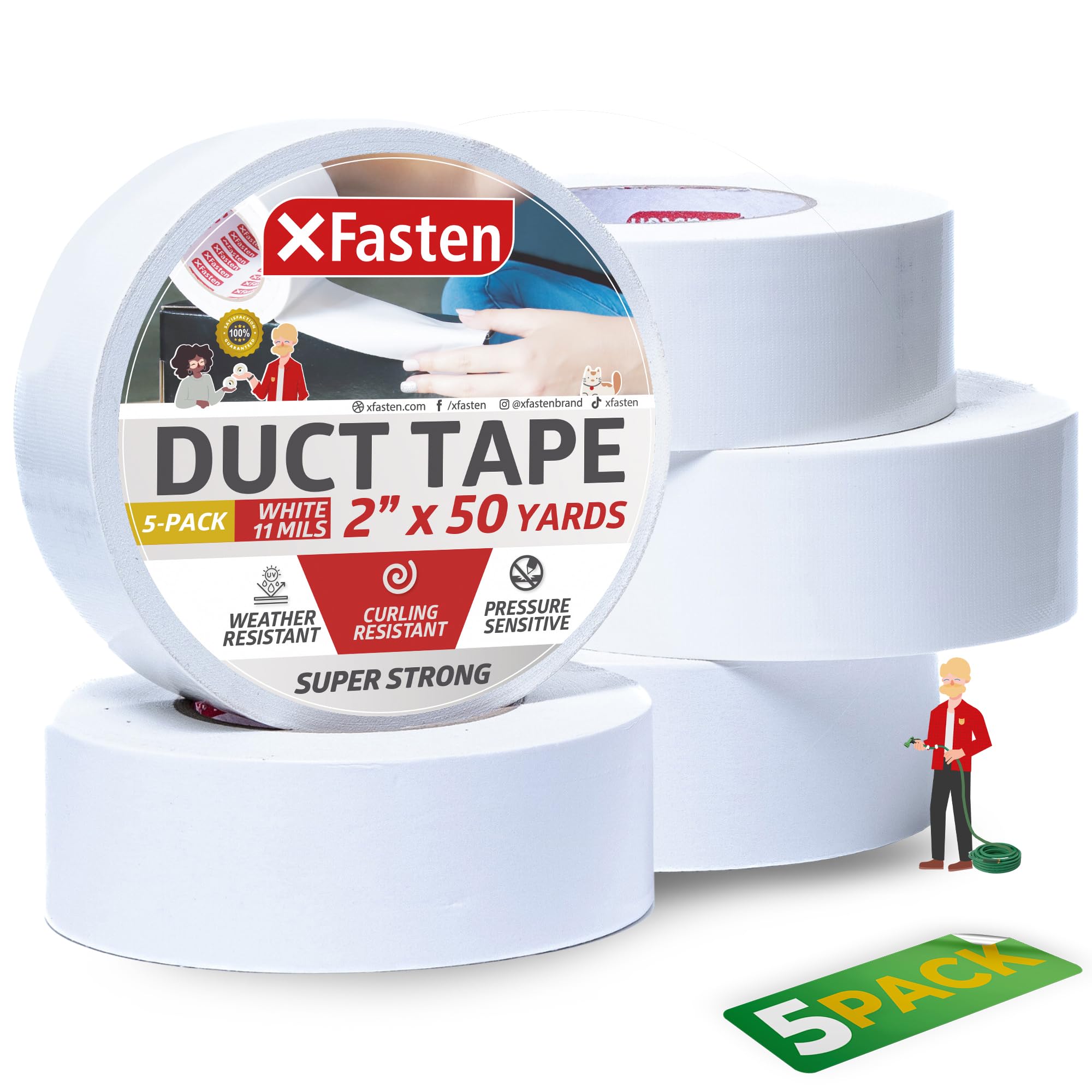 XFasten White Duct Tape Heavy Duty Waterproof 2 Inch x 50 Yards (5-Pack, 750ft Total) 11 mils Super Strong HVAC Duct Tape White Color for Indoor, Automobile, Repair, Patching and Outdoor Use