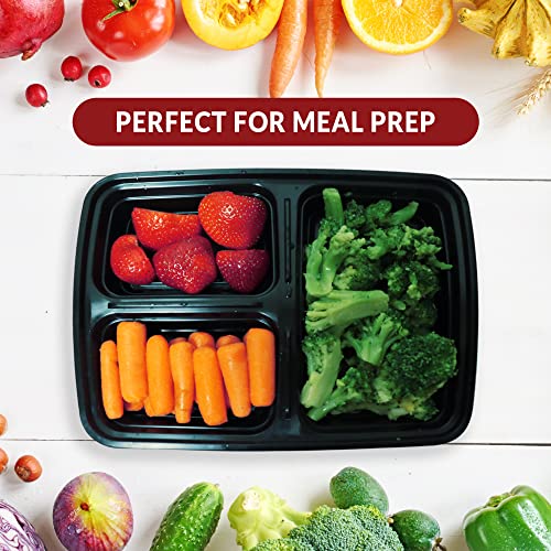 Reli. Meal Prep Containers, 32 oz. | 40 Pack | 3 Compartment Food Container w/Lids| Microwavable Food Storage Containers/To Go | Black Reusable Bento Box/Lunch Box Containers for Food/Meal Prep
