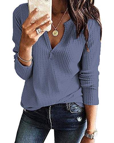 Womens V Neck Shirts Long Sleeve Waffle Knit Loose Fitting Warm Tee Tops Pullover Sweaters (Medium, Dark Blue)