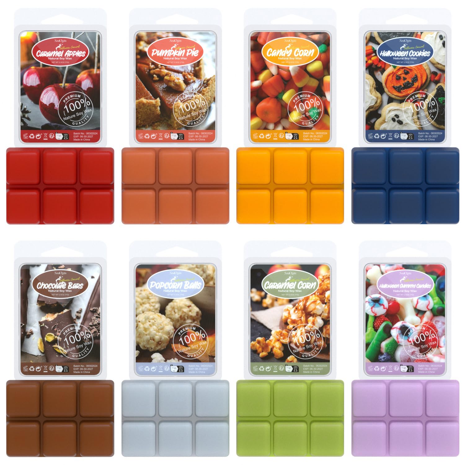 SoulOrigin Halloween Scented Wax Melts, Scented Soy Wax Cubes Set for Caramel Apples, Pumpkin Pie, Candy Corn, Halloween Cookies, Chocolate Bars, Popcorn Balls, Caramel Corn, Halloween Gummy Candies