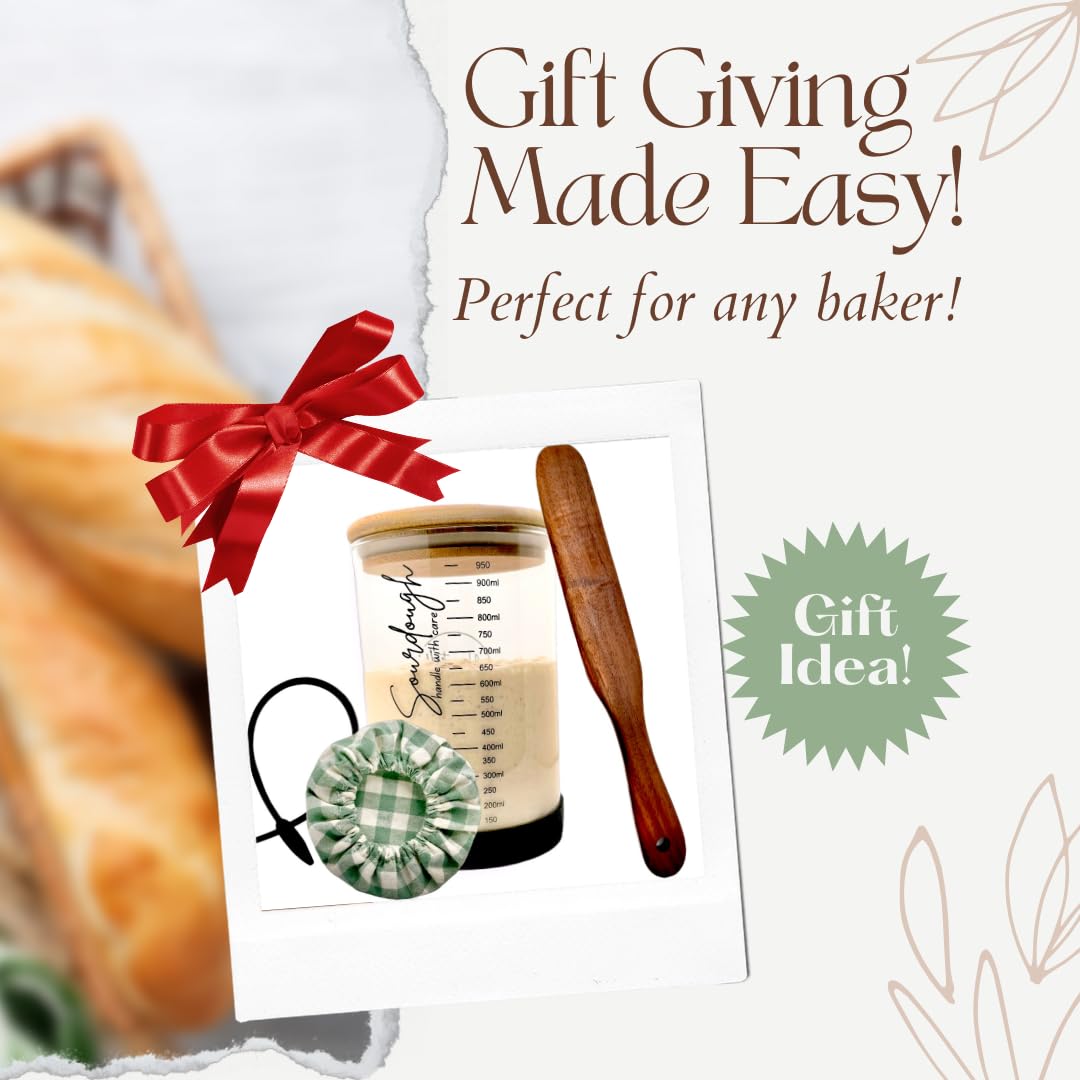 Sourdough Starter Kit - Sourdough Kit Includes Wooden Spurtle, Glass Jar w/ Bamboo Lid, Cloth & More - Non-Slip Silicone Base Sourdough Bread Baking Supplies - Bread Making Kit for Beginners & Pros