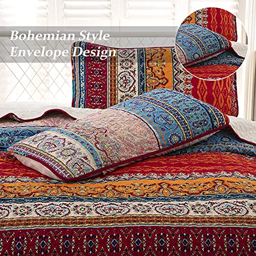 WONGS BEDDING Bohemian Quilt Set California King, Boho Striped Pattern Printed Quilt Coverlet for All Season, Soft Microfiber Boho Bedspread Set 96"x106"(3 Pieces, Cal King)