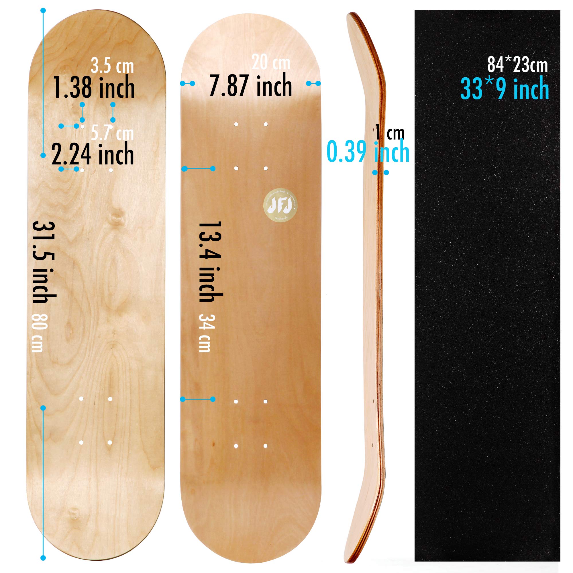 JFJ Maple Skateboard Decks Double Tail Skateboard Light Decks Free Skateboard Grip Tape (Wood, 2 PCS)
