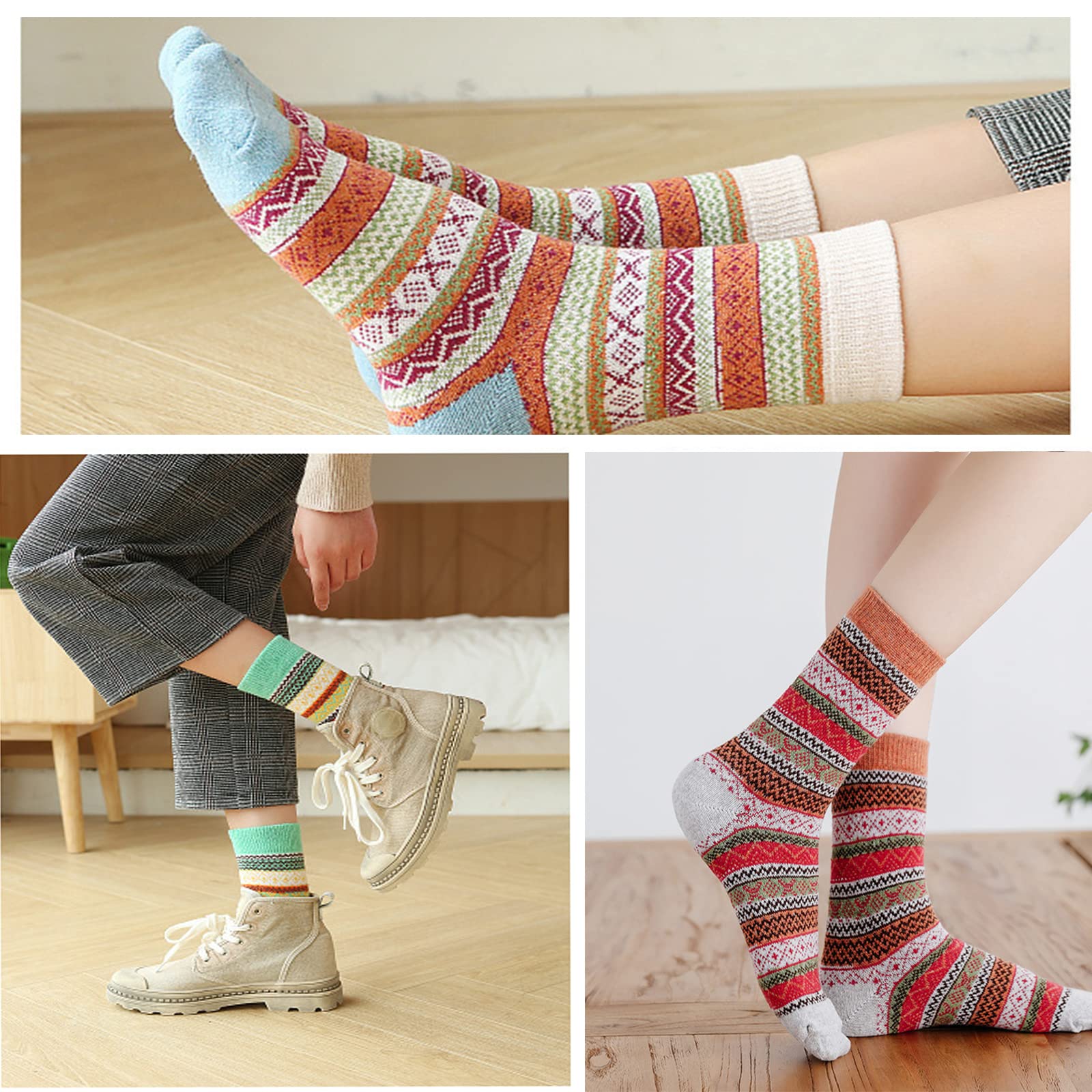 Mini Kitty 5 Pairs Winter Wool Socks for Women Thick Knit Warm Socks Casual Soft Cozy Crew Socks Mixed Colors Gifts A-Pink