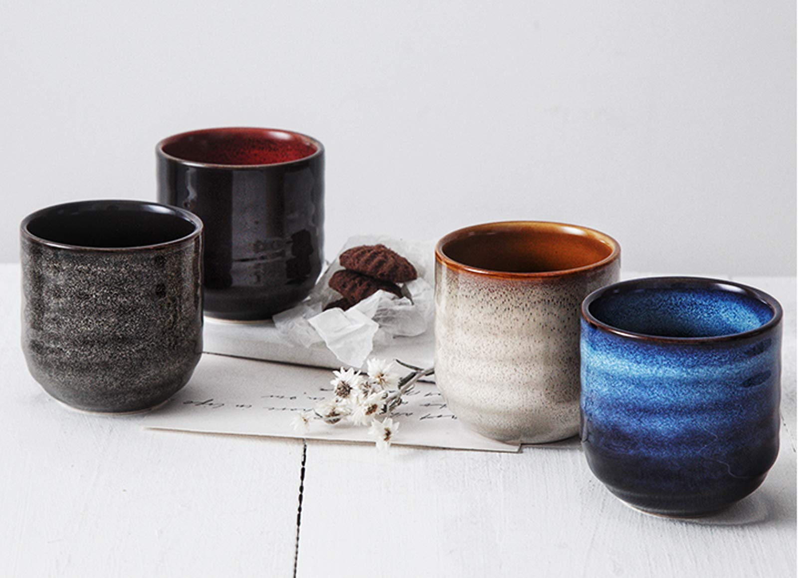 Lxuwbd Japanese style ceramic tea set, tea cup, coffee cup, yerba mate set, Ceramic mate cup set of 4 (Brown grey)