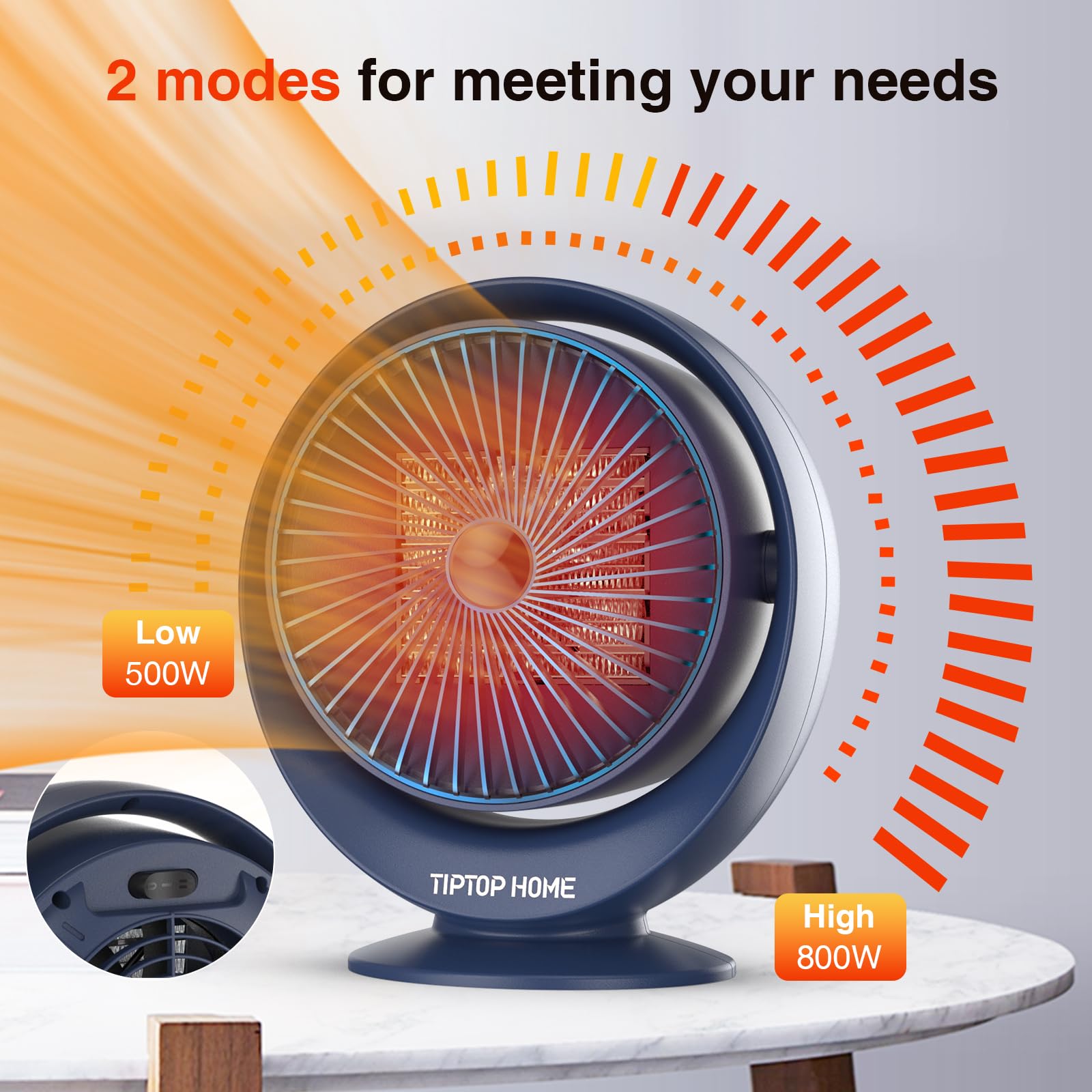 Space Heater, 800W PTC Fast Heating Ceramic Room Small Heater, Two-Speed Portable Heater Fan with Adjustable, Overheating Protection, Dumping Shutdown, Electric Heaters for Home Bedroom, Office