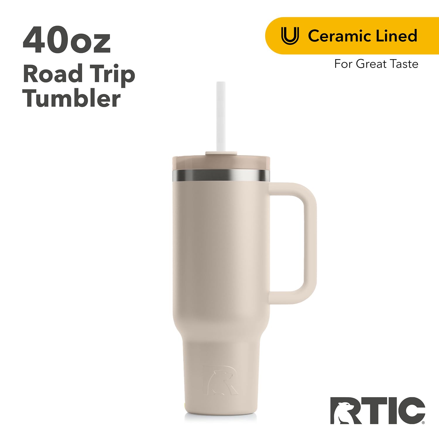 RTIC 40 oz Road Trip Tumbler Double-Walled Insulated Stainless Steel Portable Travel Coffee Mug Cup with Lid, Handle and Straw, Ceramic-Lined, Olive Midnight Camo