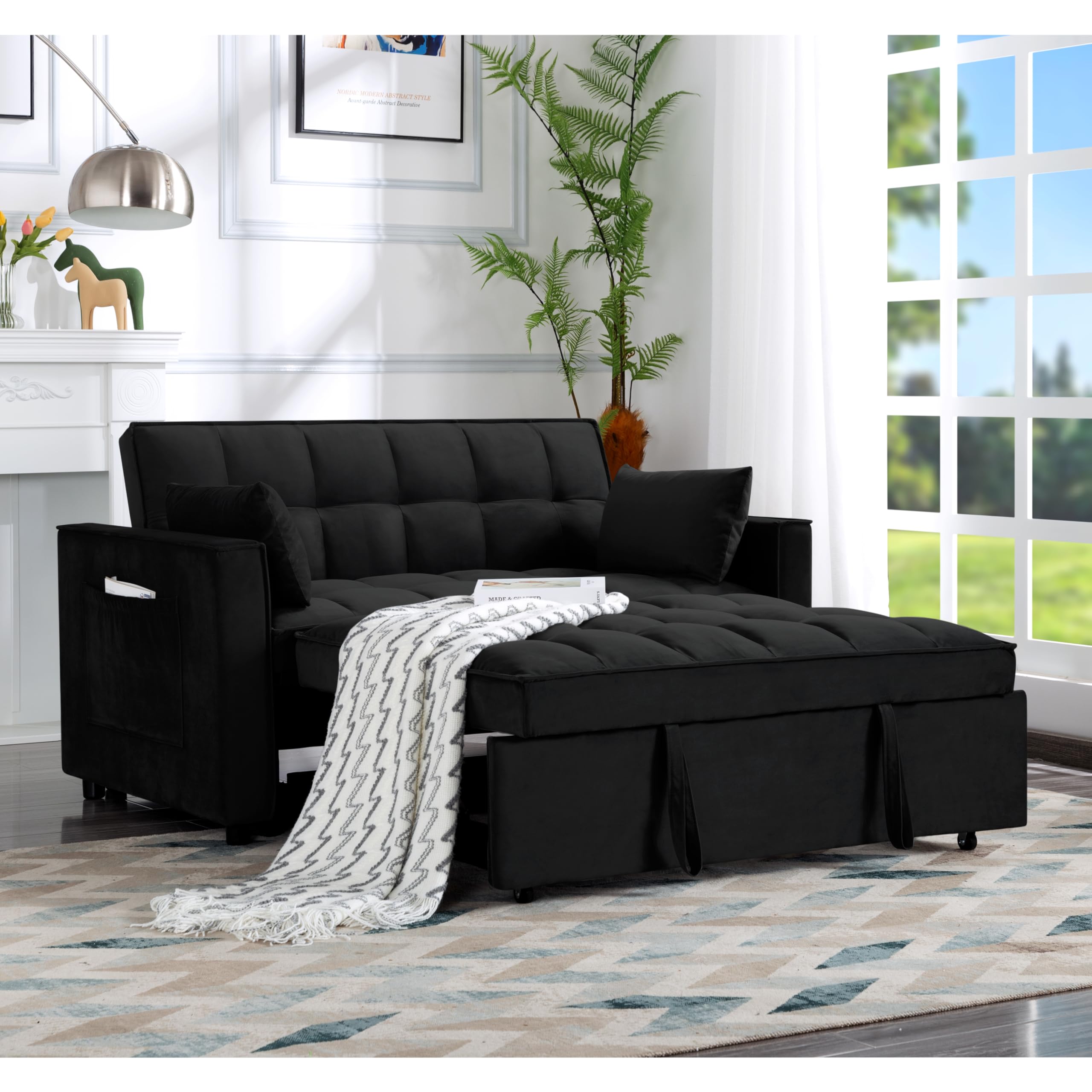 UOCFYK 55" 3-in-1 Sleeper Sofa Loveseat Convertible with 2 Pillows,Velvet Fabric with Side Pocket and Reclining Backrest,Sofa Bed Pull-Out Sleeper Sofa Bed,Upholstered Loveseat for Living Room,Black