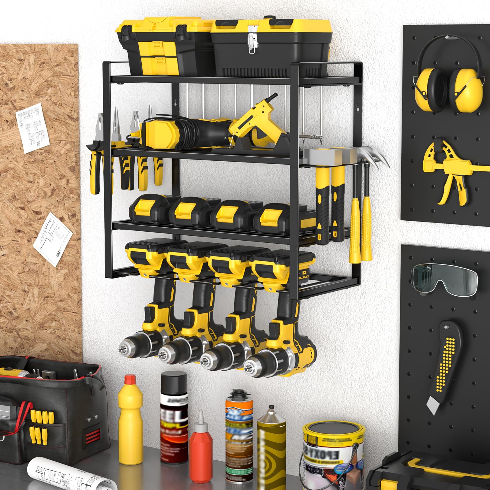 SPACECARE Power Tool Organizer,4 Drill Holders Wall Mount, 4 Layers Garage Organization Floating Cordless Drill Holder Heavy Duty Tool Organizers Utility Rack Floating Tool Shelf for 4 Drill Holders
