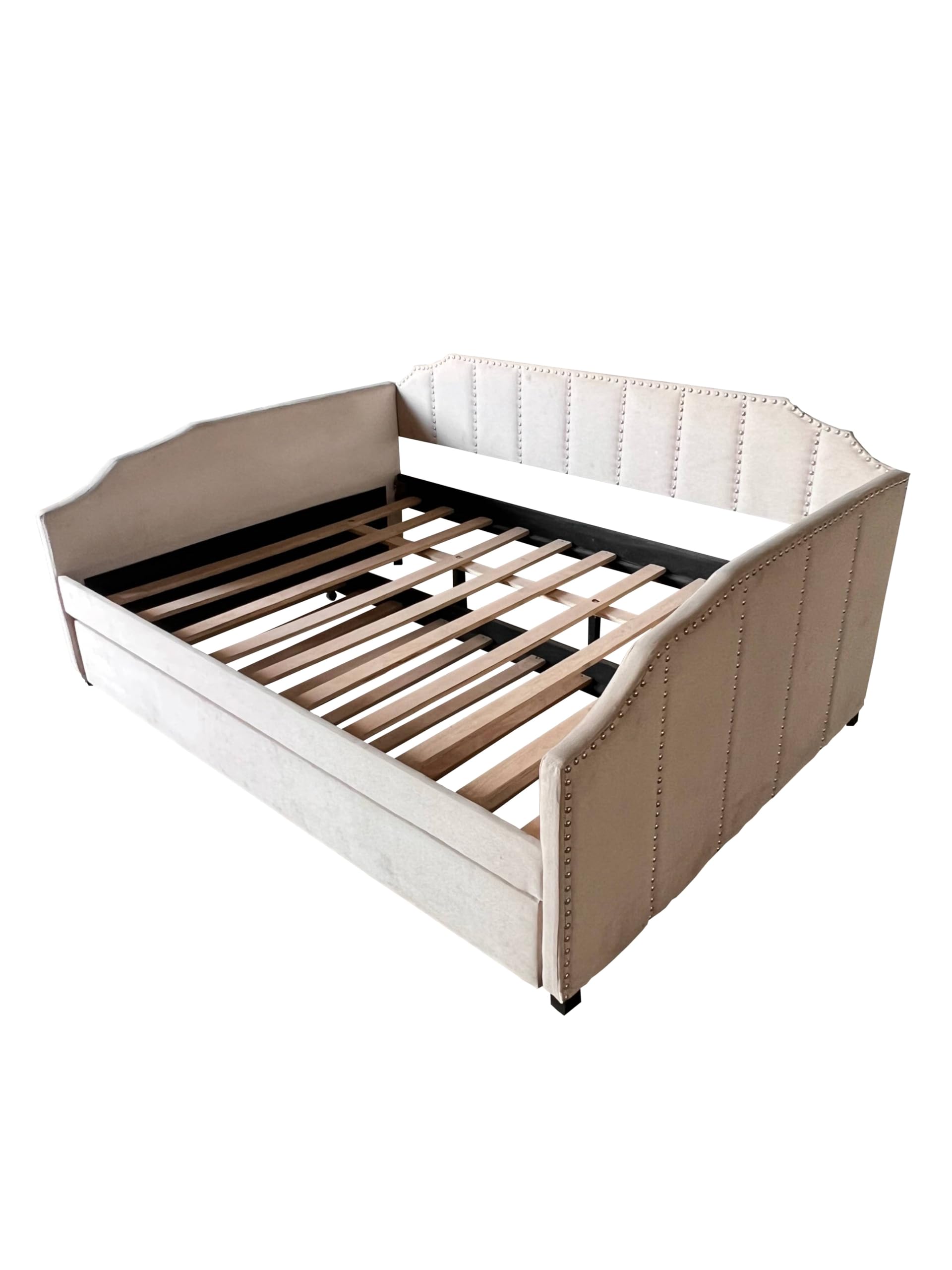 UOCFYK Full Size Upholstered Daybed with Trundle,Modern Wood Platform Bed w/Side Stripes,Space Saving Design, Wooden Slat Support, No Spring Box Need for Bedroom, Living, Guest Room,Beige