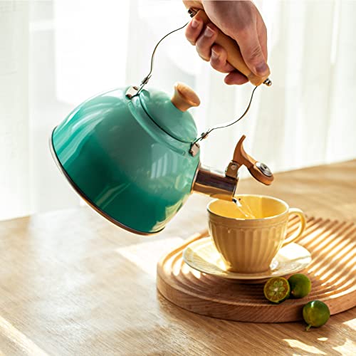 ROCKURWOK Whistling Tea Kettles, 1.6 QT/50 OZ, Small Tea Kettle, Universal Base for Induction, Gas, Electric, Halogen, Radiant, Wooden Handle for Cool Touch,Gradient Green