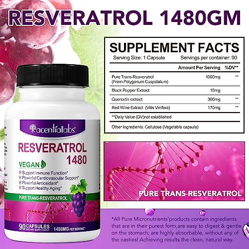 Resveratrol 1,480MG with Quercetin 90 Capsules - Vegan Trans-Resveratrol Antioxidants for Healthy Aging, Immune System, Cardiovascular & Joint Support - Improving Fatigue, Memory and Brain Function
