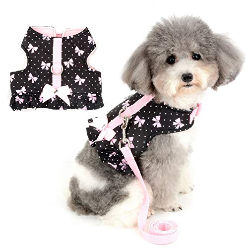 Zunea No Pull Small Dog Girl Harness Dress Escape Proof Cat Kitten Vest Harness Leash Set Step-in Soft Cotton Padded Polka Dot Jacket Chihuahua Puppy Clothes with Cute Bow for Walking Black M