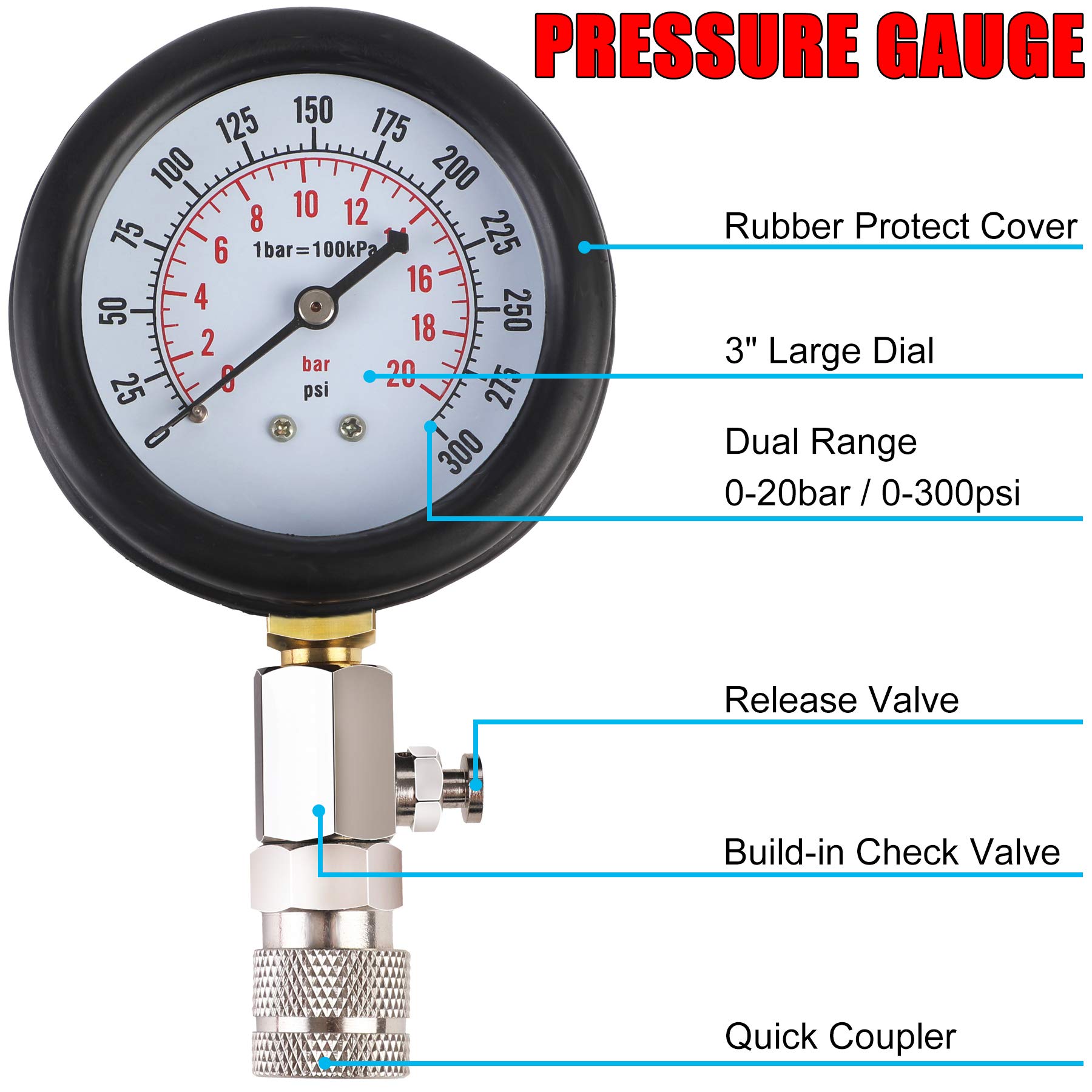JIFETOR Compression Tester Kit, Small Engine Cylinder Test Pressure Gauge Tool Set for Testing Motorcycle Car Automobile Outboard Motor Chainsaw Snowmobile Auto Gasoline Petrol Gas Engine, 300PSI