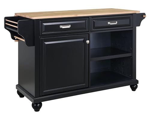 Rolling Kitchen Island Cart with 5 Universal Wheels and 5 Solid Wood Cabinet Feet,Greenguard Gold Certified,Kitchen Island with Rubberwood Drop Leaf-Mobile Kitchen Island with Storage and Drawer,Black