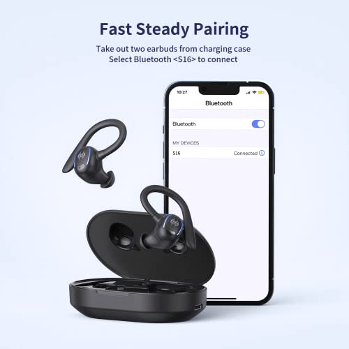 PSIER Wireless Earbuds Bluetooth Headphones 50H Playtime Ear Buds 5.3 Dual Power Display Sports with Earhooks IPX7 Waterproof Mic Over-Ear Earphones for Running, Gym