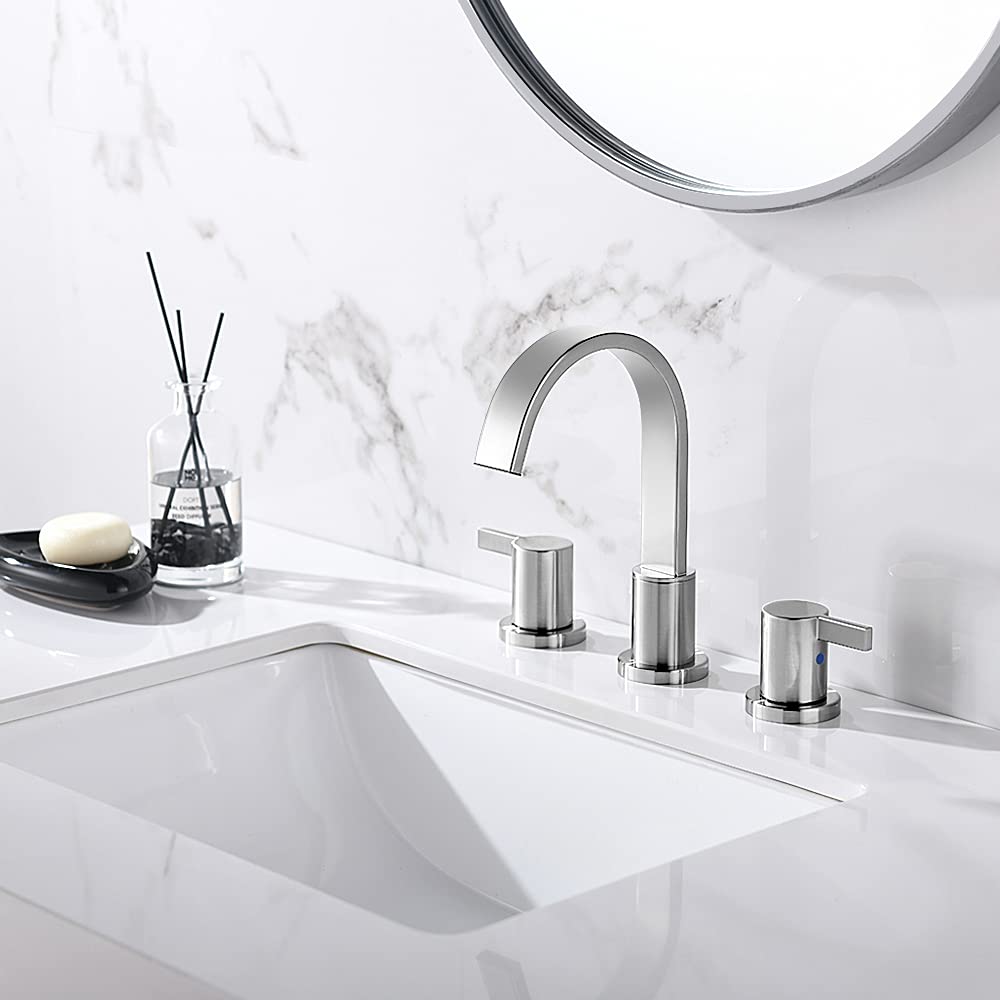 Phiestina 8 Inch Brushed Nickel Waterfall 2-Handle 3-Hole Widespread Bathroom Faucet with Pop-up Drain and Valve, WF40-1-BN