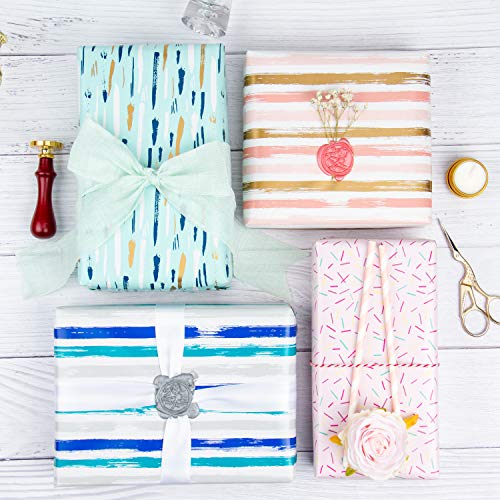 WRAPAHOLIC Wrapping Paper Roll - Blue Navy and Grey Lines Print for Birthday, Holiday, Wedding, Baby Shower Wrap - 30 inch x 33 feet