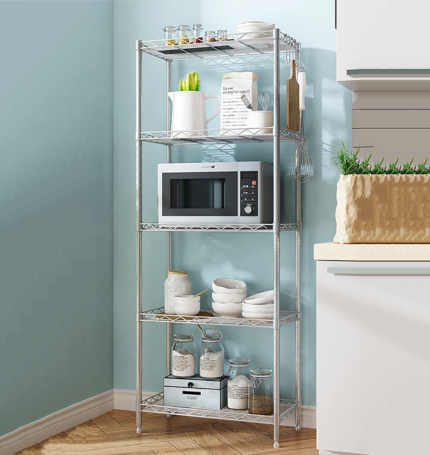 OMKUOSYA 5 Tier Storage Racks and Shelving - Heavy Duty Steel Pantry Shelves - Each Unit Loads 120 Pounds Wire Rack Shelf, Suitable for Kitchen, Bathroom, Closet, Warehouse - Silver