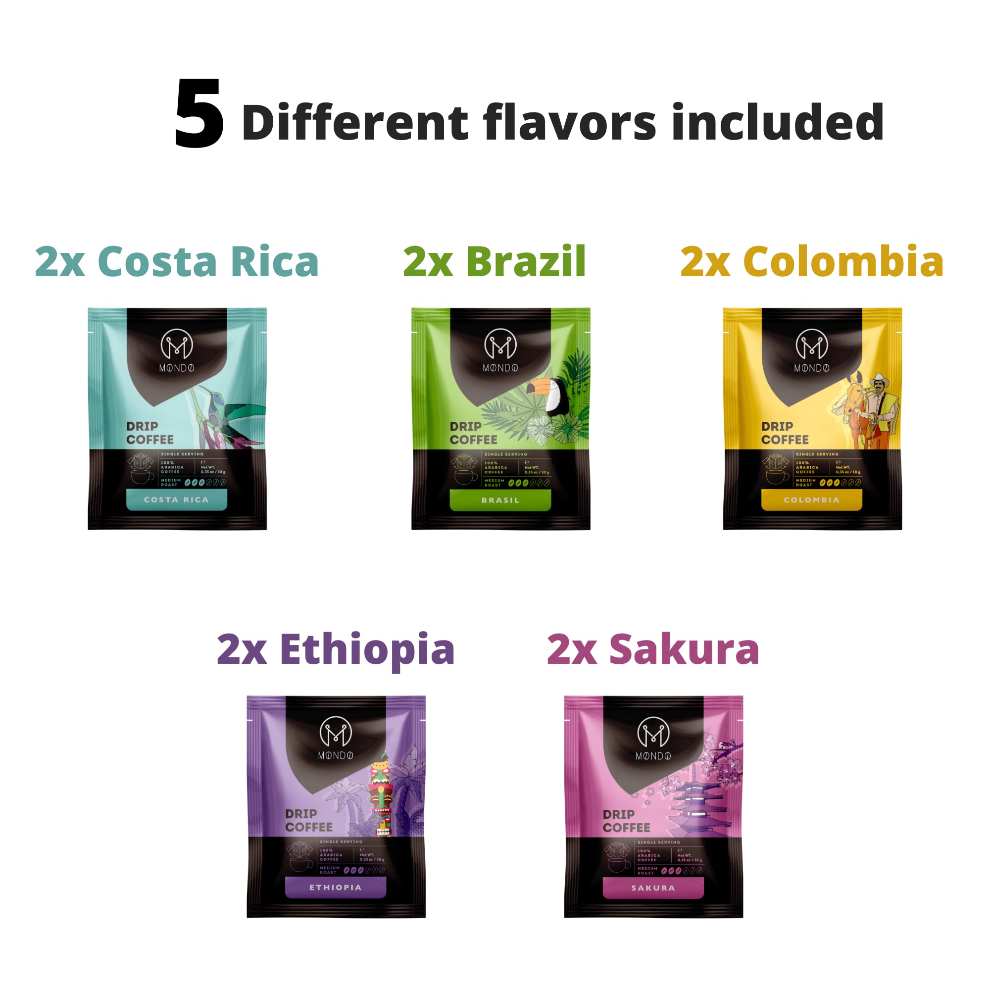 Mondo Drip Coffee Mix (10-Pack Variety), Single Serve Pour Over Filter Bags, Pre-Filled 100% Arabica, Medium Roast